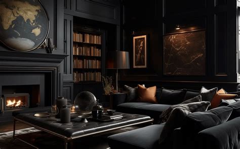 다운로드 검은 세련된 내부 거실 고딕 양식 거실의 검은 벽 검은 벽난로 검은 가구 고딕 양식의 거실 현대 인테리어 디자인 고딕 검은 벽이있는 거실 프로젝트