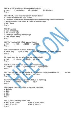 HTML MCQ Objective Questions And Answers PDF Web Design And HTML Internet