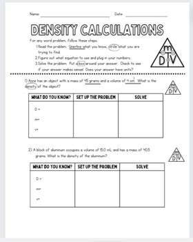 Density Calculations Worksheet And Answers By Baumann Chemistry