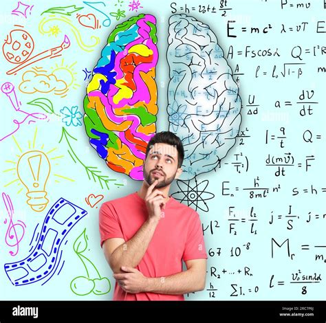 Logic And Creativity Man And Illustration Of Brain Hemispheres Different Formulas And Bright