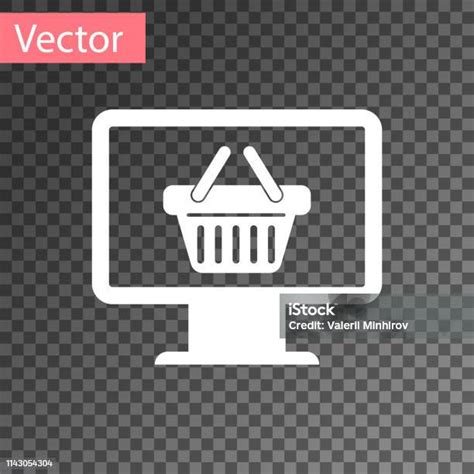 투명 한 배경에 고립 된 쇼핑 바구니 아이콘을 가진 흰색 컴퓨터 모니터 온라인 쇼핑 카트 슈퍼마켓 바구니 기호입니다 벡터 일러스트 가방에 대한 스톡 벡터 아트 및 기타
