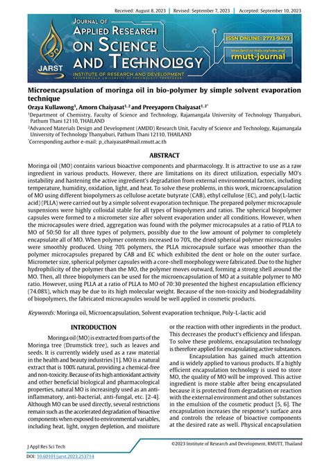 Pdf Microencapsulation Of Moringa Oil In Bio Polymer By Simple