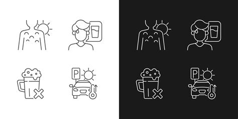 Sunstroke Precaution Linear Icons Set For Dark And Light Mode Sunburn On Person Skin Avoid