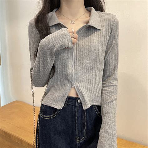 M 2xl 雙拉鏈上衣 長袖t恤女 短版上衣 韓系服飾 設計感春秋季韓版修身高腰短款開衫 蝦皮購物