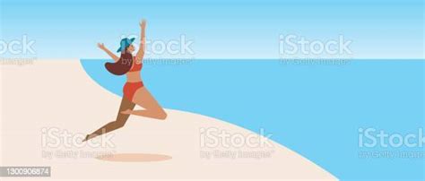 해변 리조트에서 행복한 여자 복사 공간에 대한 템플릿으로 해변 행복한 점프와 텍스트 장소 플랫 벡터 스톡 일러스트 계절에 대한 스톡 벡터 아트 및 기타 이미지 Istock