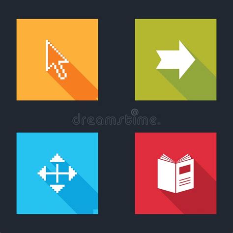 Set Pixel Arrow Cursor Arrow Arrows In Four Directions And Open Book Icon Vector Stock Vector