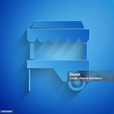 종이 파란색 배경에 고립 된 어닝 아이콘 패스트 스트리트 푸드 카트를 잘라 도시 키오스크 종이 아트 스타일입니다 벡터 일러스트레이션 0명에 대한 스톡 벡터 아트 및 기타