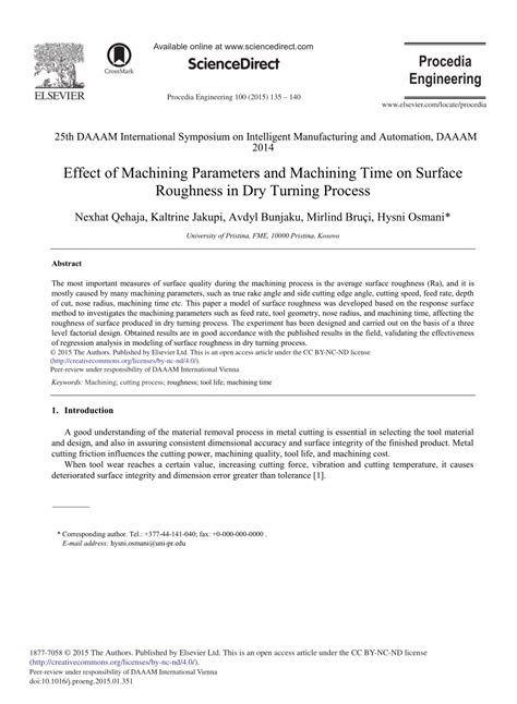 Pdf Effect Of Machining Parameters And Machining Time On Surface