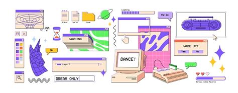 90년대 인터페이스 요소 복고풍 증기파 스타일의 Ui 2000년대 디지털 미학 향수를 불러 일으키는 창 프레임 팝업 메시지 설정 색깔이 있는 평면 그래픽 벡터 삽화는 흰색