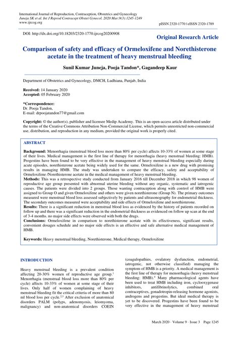 Pdf Comparison Of Safety And Efficacy Of Ormeloxifene And Norethisterone Acetate In The