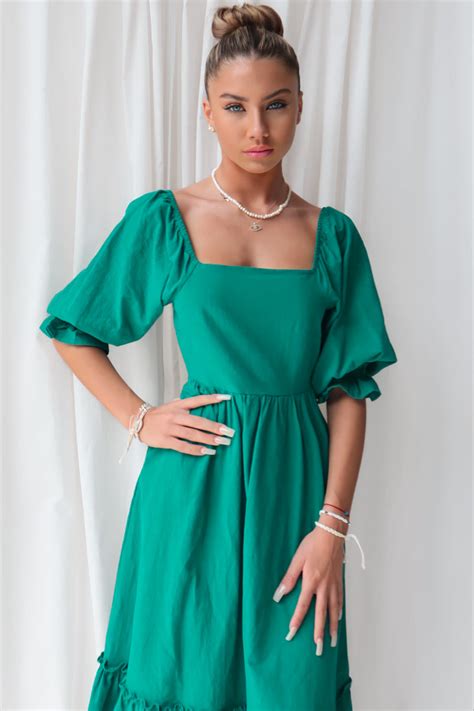 Cecilia Midi Dress Short Sleeve Emerald Green Festival Cotton Summer