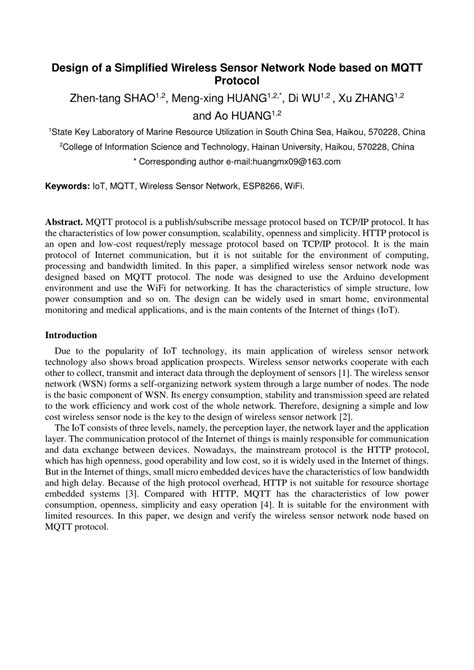Pdf Design Of A Simplified Wireless Sensor Network Node Based On Mqtt Protocol