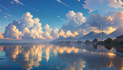 배경에 산이 있는 호수의 애니메이션 풍경 Seaart Ai