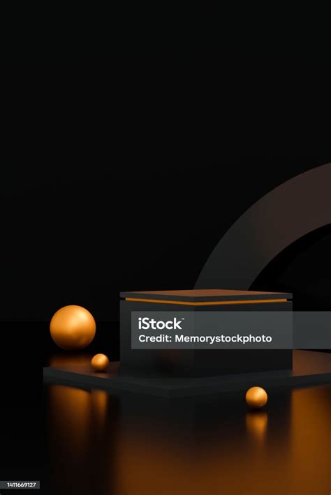 검은 색과 고덴 플랫폼이있는 무대에서 검은 연단이 최소화됩니다 화장품 및 보석 제품을 보여주는 단계 받침대 현대 3d 스튜디오 어두운 플랫폼에 무대 블랙 0명에 대한 스톡