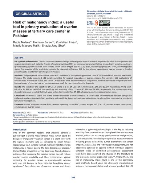 Pdf Risk Of Malignancy Index A Useful Tool In Primary Evaluation Of Ovarian Masses At