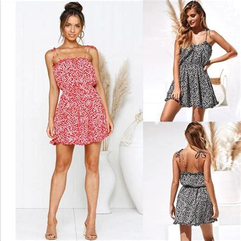 New Summer Women Floral Print Mini Dress Sexy Sling Lace Up Beach Dress Bow Casual V Neck