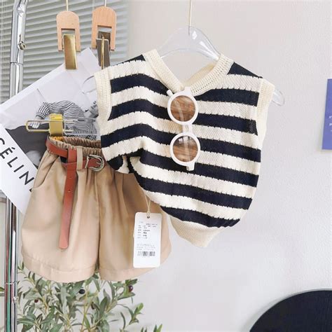 Set Di Vestiti Per Ragazze Gilet A Righe Lavorato A Maglia Estivo