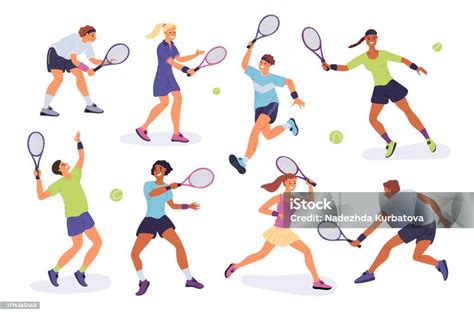 사람들은 잔디 테니스를 친다 손에 라켓을 든 프로 운동 선수 남자와 여자는 공을 제출하거나 칩니다 매치 코트에서 스포츠맨 스포츠