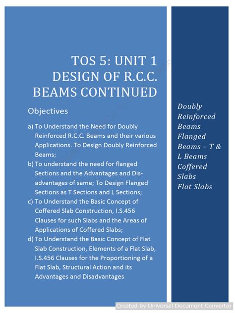 tos 5 unit 1 design of beams doubly reinforced flanged beams pdf
