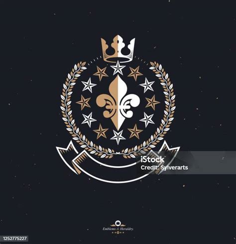펜타곤 별 엠블럼 로얄 크라운과 월계수 화환으로 만든 유니온 테마 기호 팔의 헤럴드 코트 빈티지 벡터 로고 배지에 대한 스톡 벡터 아트 및 기타 이미지 Istock