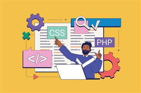 Programming Concept In Flat Neo Brutalism Design For Web Man Coding And Creating Software