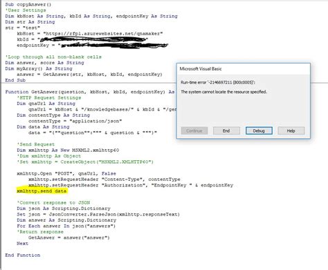 how to connect ms word to microsoft s qna maker vba stack overflow