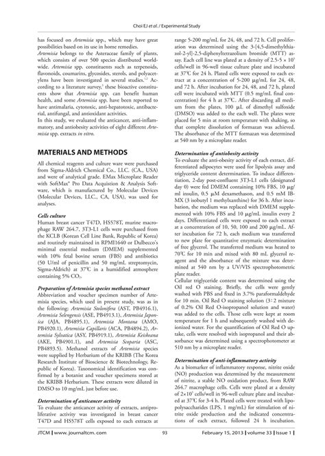 Solution Anticancer Antiobesity And Anti Inflammatory Activity Of Artemisia Species In Vitro