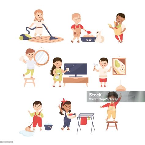 귀여운 아이들이 집안일과 하우스 키핑 진공 청소 및 걸레 질 바닥 벡터 세트를하고 가사 집안일에 대한 스톡 벡터 아트 및 기타 이미지 가사 집안일 집안일 가정 생활