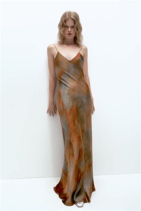 Satin Effect Print Dress Khaki Zara United States Printed Satin