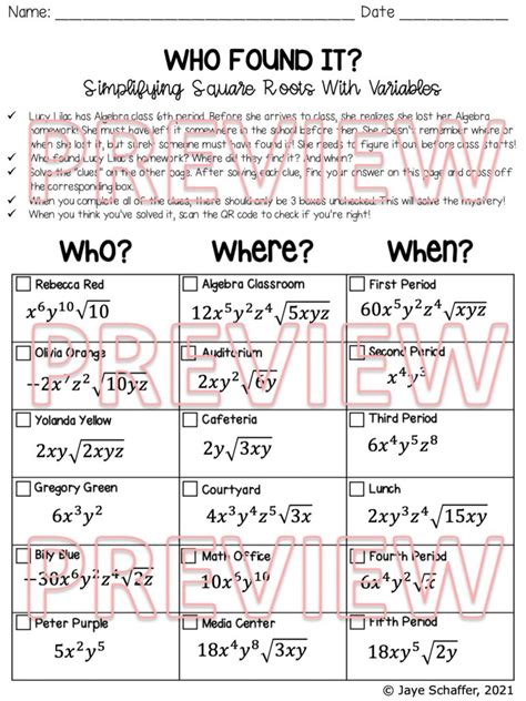 Simplifying Square Root Radicals With Variables Clue Mystery Activity Made By Teachers