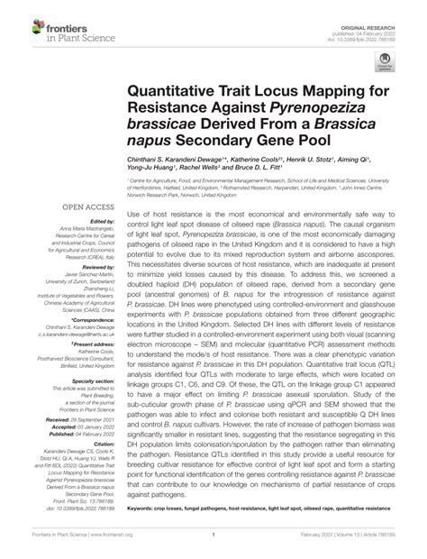 Pdf Quantitative Trait Locus Mapping For Resistance Against Pyrenopeziza Brassicae Derived
