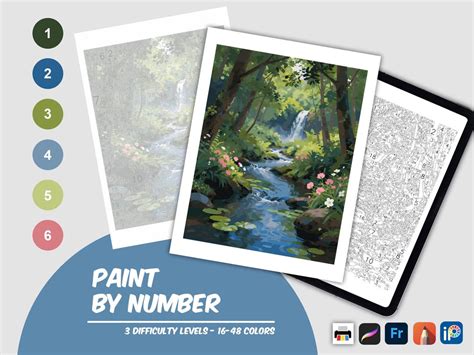 Serene Forest Waterfall Color By Number Printable Lush Stream And
