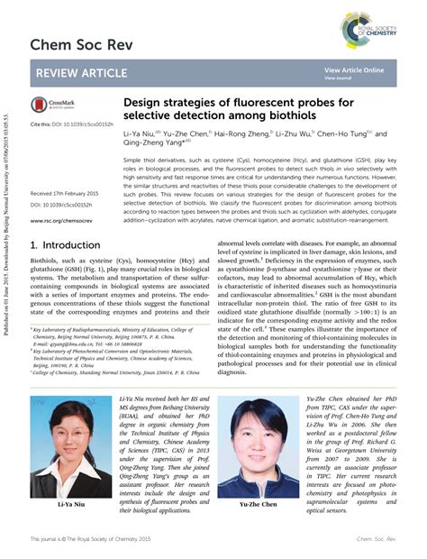 Pdf Design Strategies Of Fluorescent Probes For Selective Detection Among Biothiols