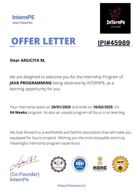 Gratitude Programming Java Projects Offerletter Dreamjob Anuciya M