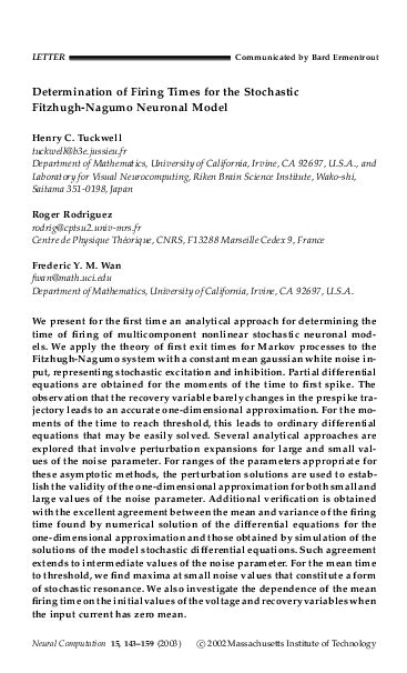Pdf Determination Of Firing Times For The Stochastic Fitzhugh Nagumo Neuronal Model