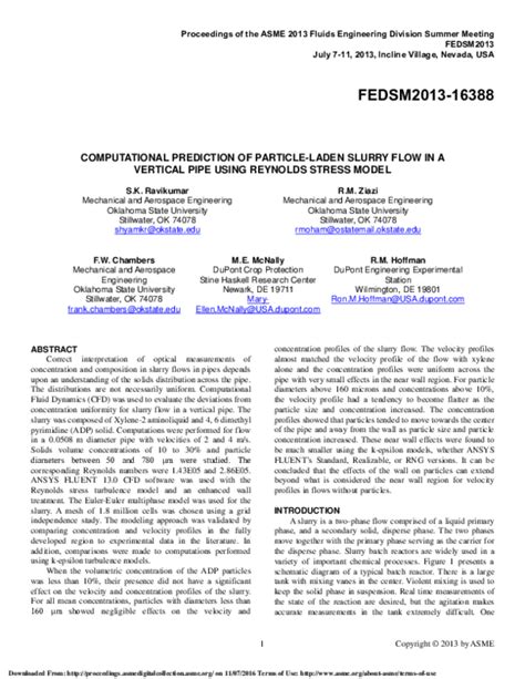 Pdf Computational Prediction Of Particle Laden Slurry Flow In A Vertical Pipe Using Reynolds