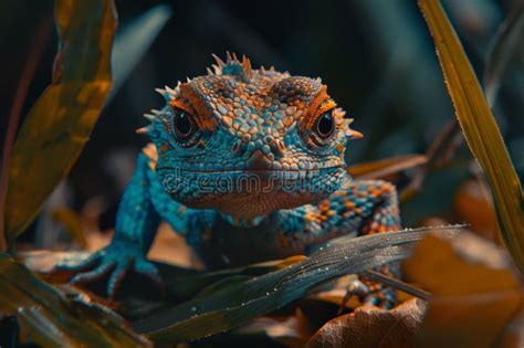 Symmetrical Close Up Portrait Of Expressive Lizard In Vibrant Green Jungle Environment Stock