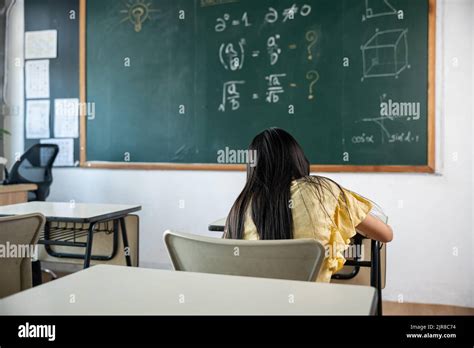 Education Back View Of School Girl On Lesson In Classroom Write Hardworking On Blackboard