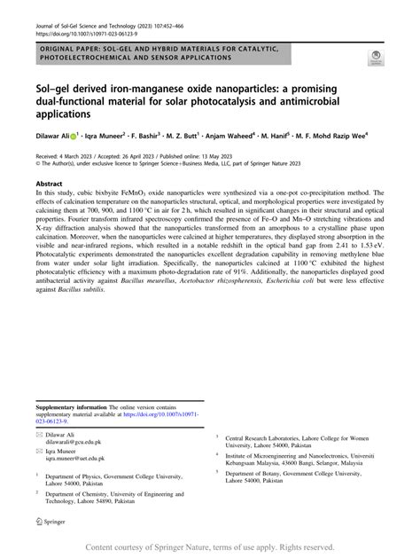 Solgel Derived Iron Manganese Oxide Nanoparticles A Promising Dual Functional Material For