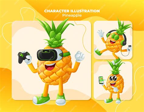 귀여운 파인애플 캐릭터와 기술 프리미엄 벡터