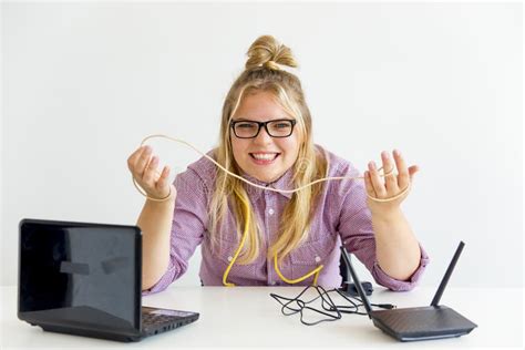 Girl Fixing The Router Stock Image Image Of Adsl Laptop 105268957
