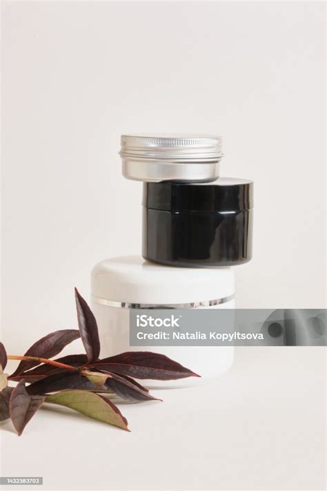 단풍과 케어 화장품을위한 세 가지 항아리가있는 가지가 회색 배경의 탑에 서 있습니다 0명에 대한 스톡 사진 및 기타 이미지 0명 건강관리와 의술 계절 Istock