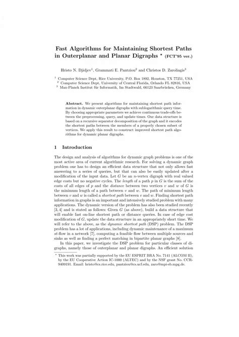 Pdf Fast Algorithms For Maintaining Shortest Paths In Outerplanar And