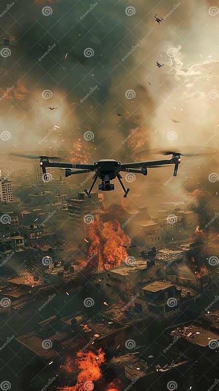 A Drone Flies Over A Conflict Zone Equipped With Sensors To Detect And