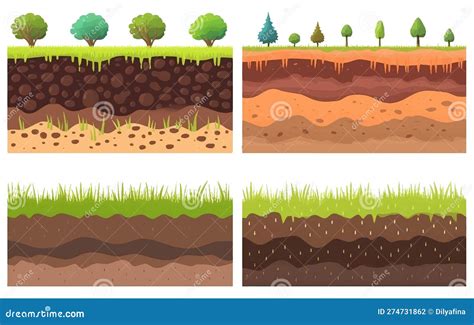 Set Vector Illustration Of Soil Layers Green Grass Ground Isolate On White Stock Illustration