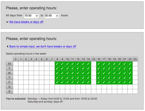 Interaction Design Form For Inputting Operating Hours Of A Business