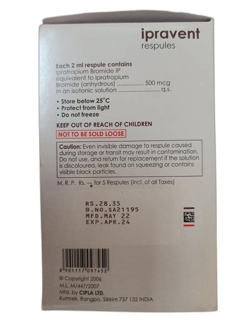 Ipratropium 500mcg Respules Ipravent 250 Mcg At Rs 27pack In Nagpur