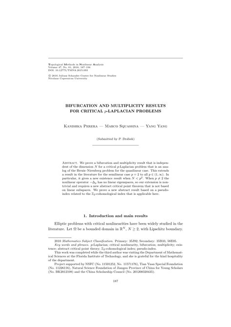 Pdf Bifurcation And Multiplicity Results For Critical P Laplacian