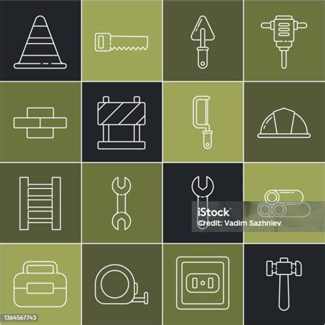 세트 라인 해머 산업 금속 파이프 노동자 안전 헬멧 트로렐 도로 장벽 벽돌 교통 콘과 쇠톱 아이콘 벡터 갈고리 발톱에 대한 스톡 벡터 아트 및 기타 이미지 Istock