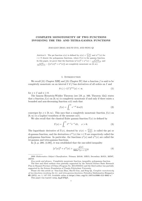 Pdf Complete Monotonicity Of Two Functions Involving The Tri And